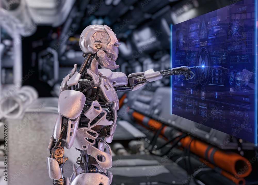 Robot cyborg in the futuristic interior touching sensitive sci fi display with futuristic user ...