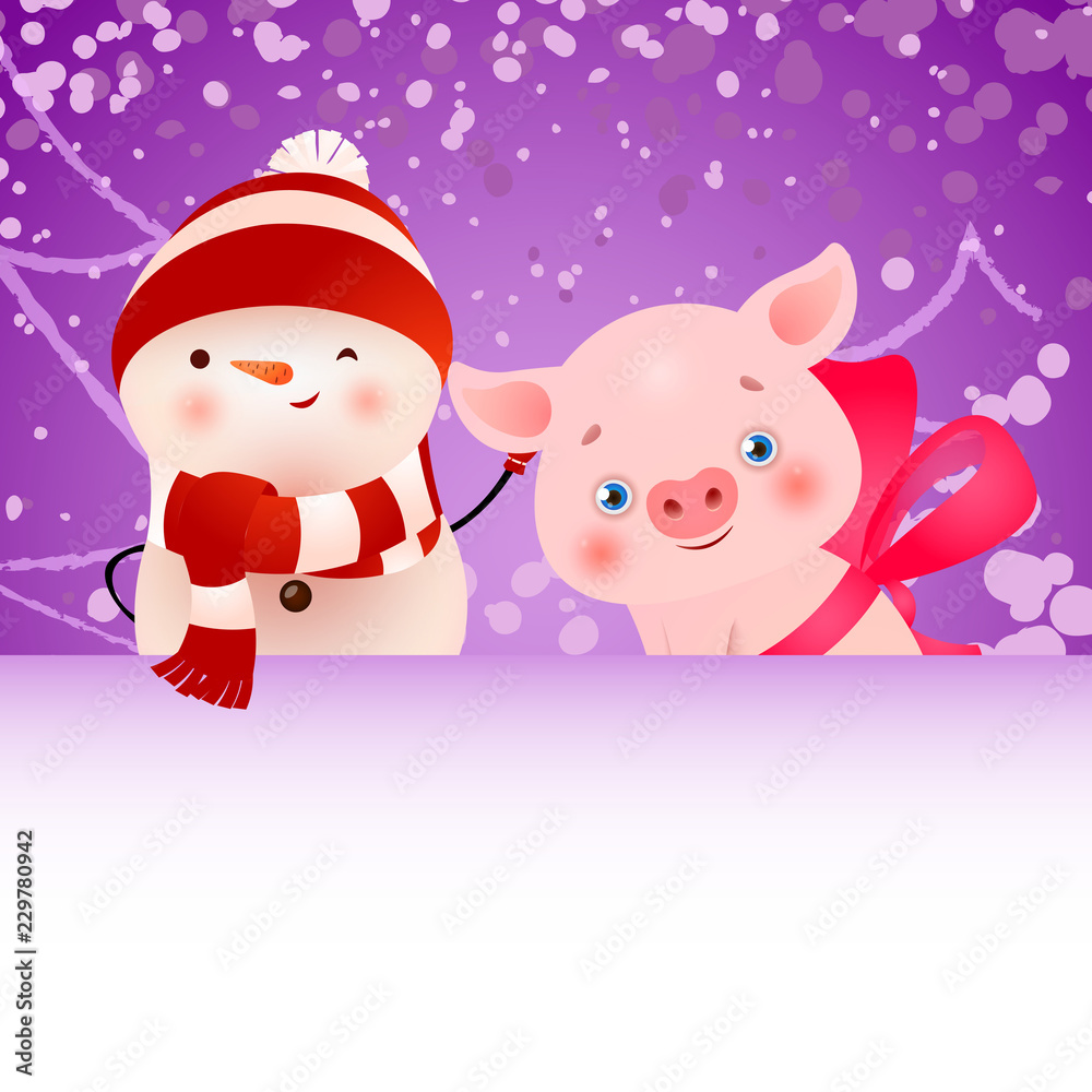 Purple poster design with cartoon snowman and piglet. Cartoon ...