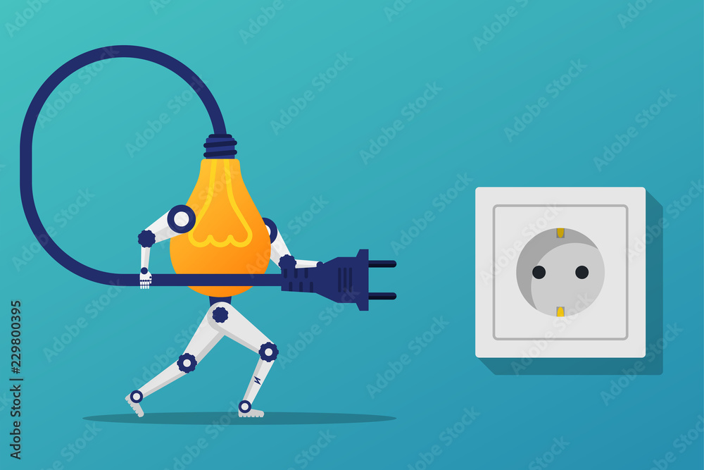 Connect idea. Lightbulb robot holding cord electrical plug connected to ...