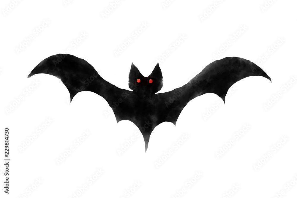 Black bat on white background drawing by watercolor, isolated Stock ...