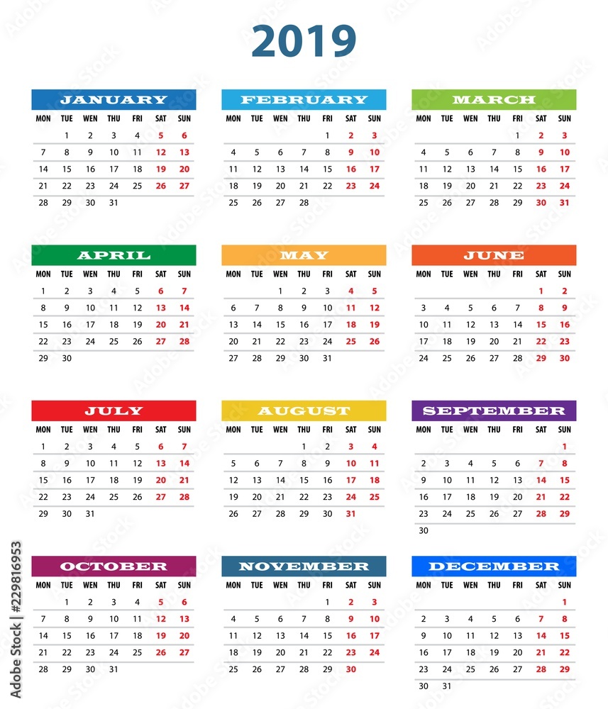 2019 Calendar - vector illustration with copy space Stock Vector ...