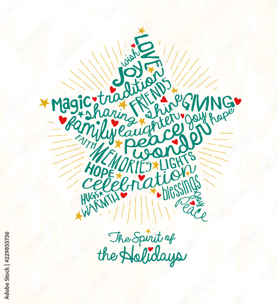 Holiday greeting card with inspiring handwritten words in star shape ...