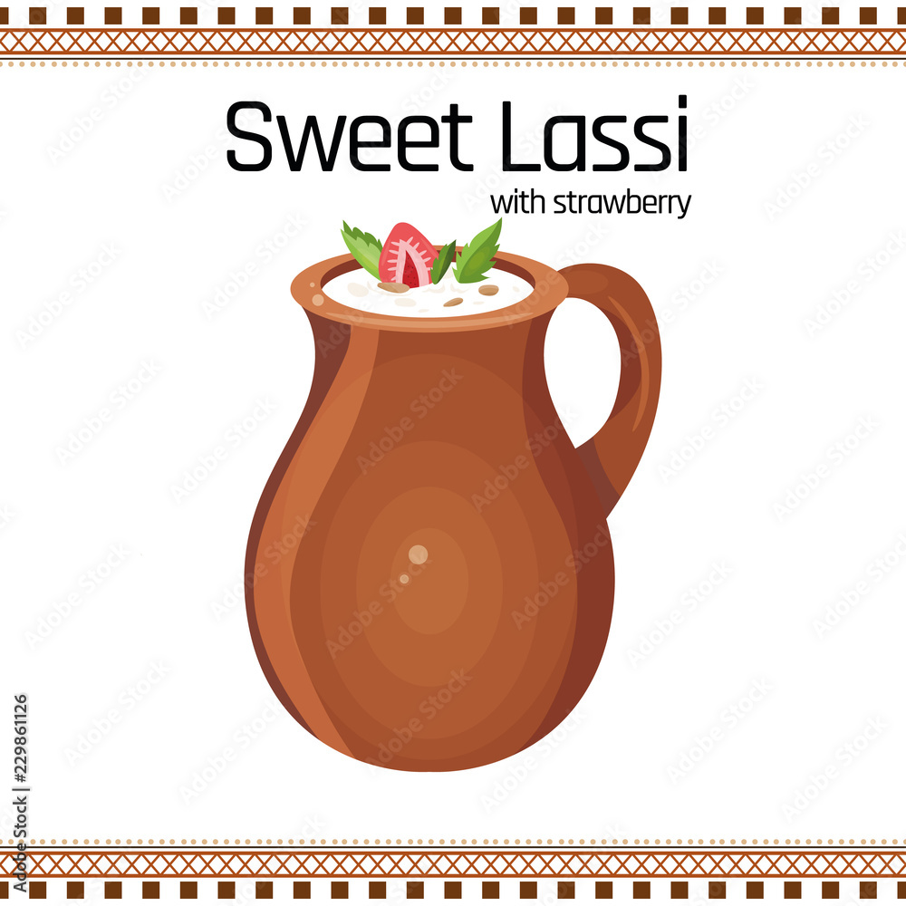 Sweet Lassi with strawberry, traditional Indian food, vector ...