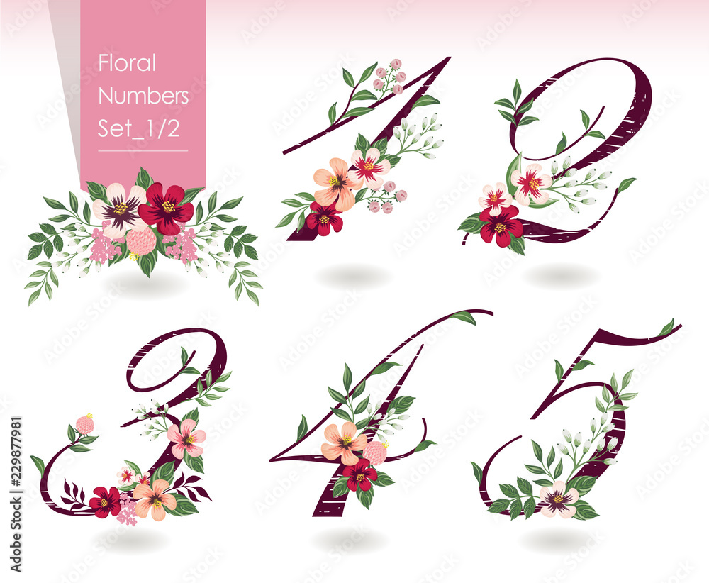 Vector illustration of floral numbers collection in spring. A set of ...
