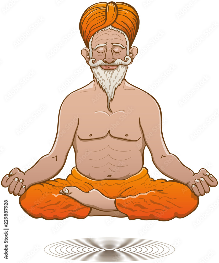 Old Indian guru with dark skin, handlebar mustache, long white beard ...