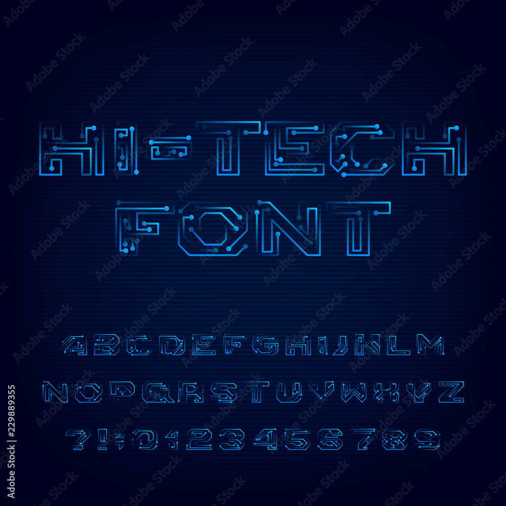 Hi-Tech font alphabet. Digital high tech style letters and numbers ...