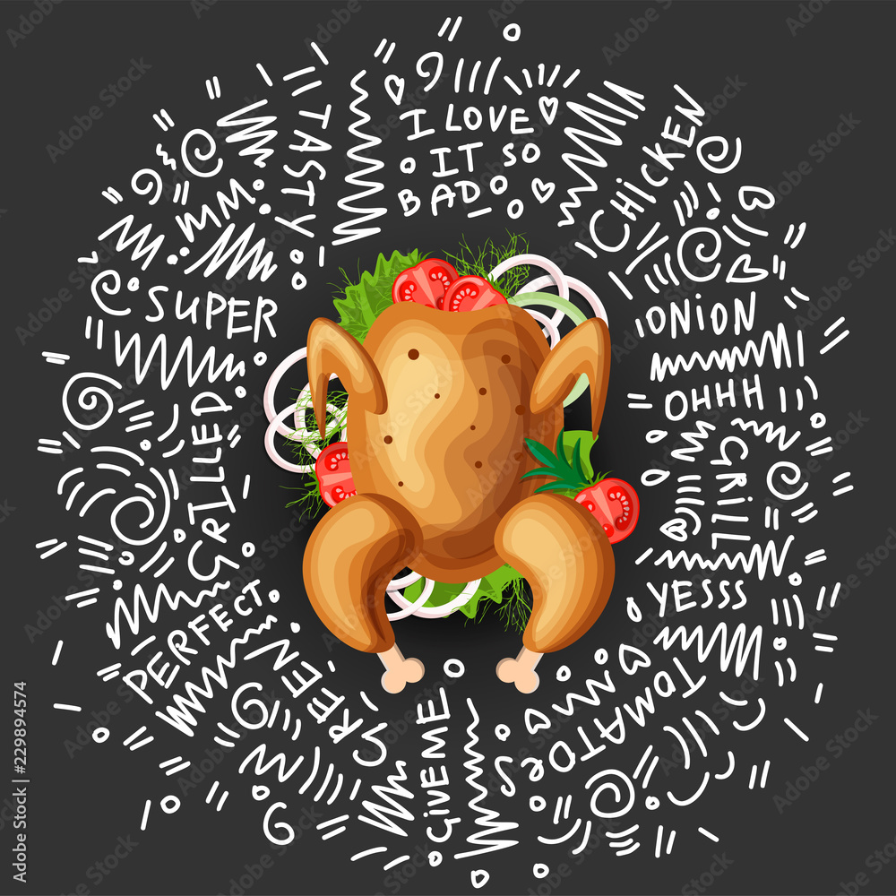 Vector cartoon chicken grill with vegetables icon. Chicken roasted ...