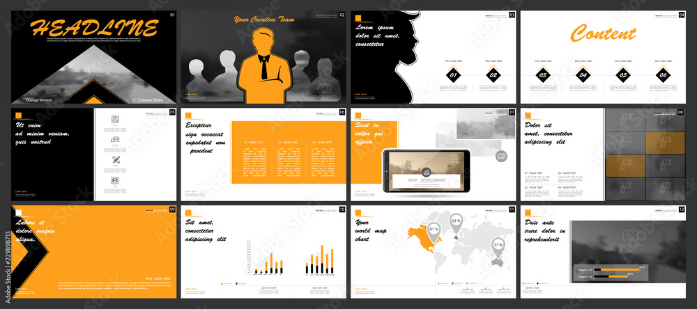 Multifunctional orange presentation template. Vector infographic, set ...