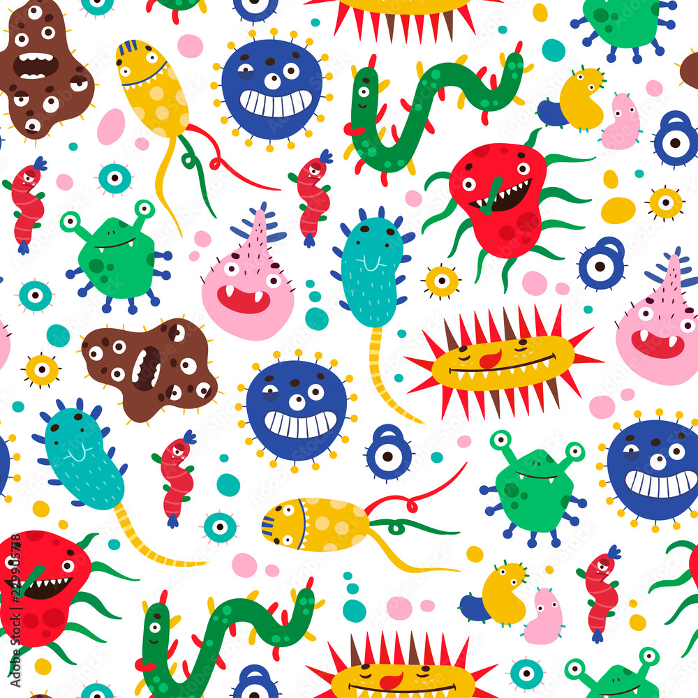 Various micro monsters and bacterias. Hand drawn vector seamless ...