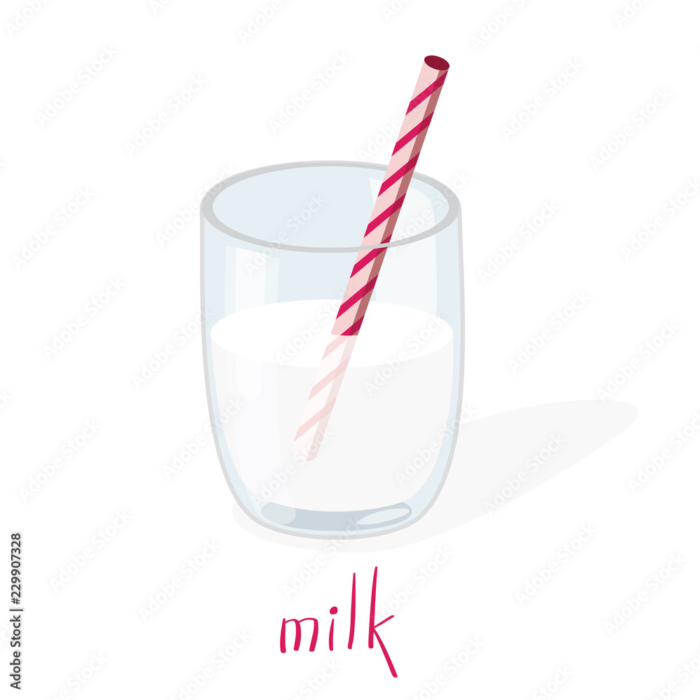 Cartoon glass of milk illustration. Milk with pink straw isolated on ...