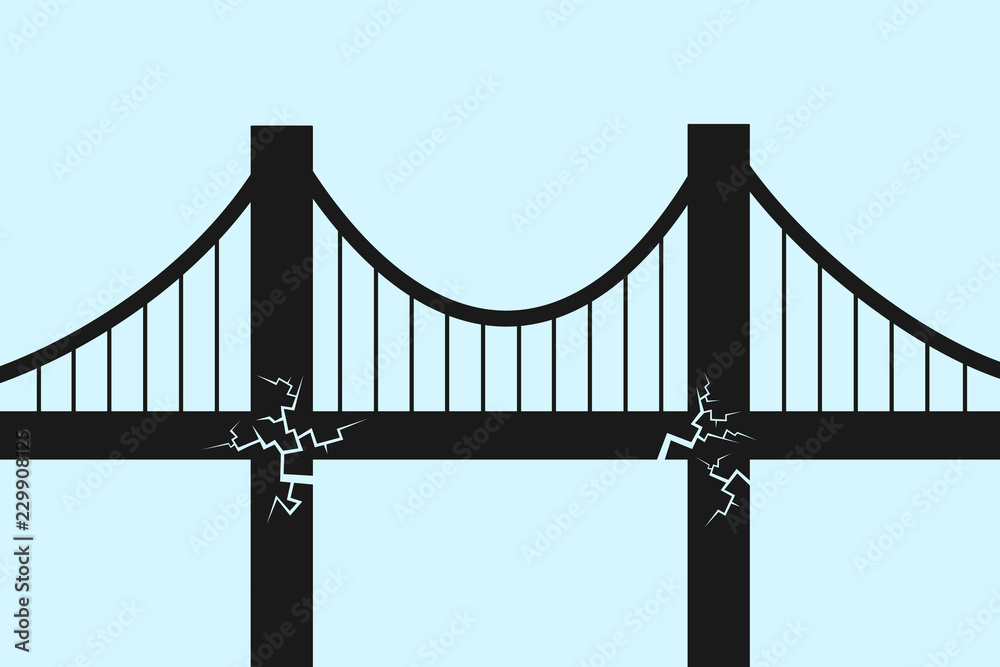 Bridge in poor condition. Danger and risk of failure, breakdown and ...