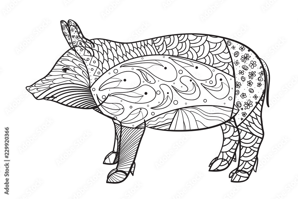Pig on white. Zen art. Zentangle. Hand drawn animal with intricate ...