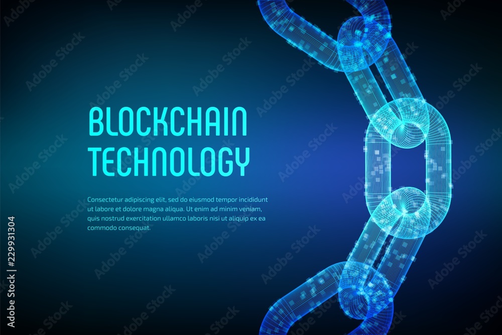 Block chain. Crypto currency. Blockchain concept. 3D wireframe chain with digital blocks ...