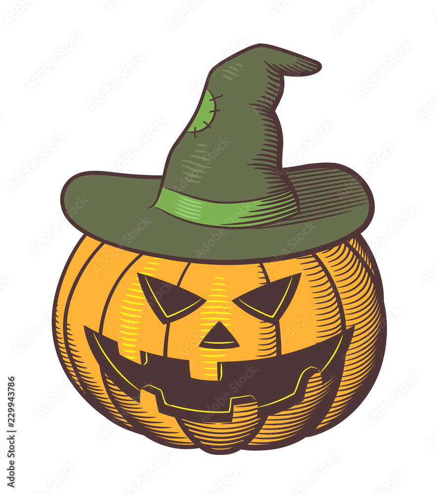 Jack o lantern and witches hat. Stylized colored vector illustration ...
