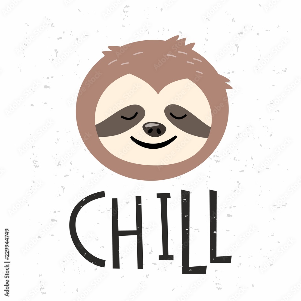 Card with cute sloth face in cartoon style with text Chill Stock Vector ...