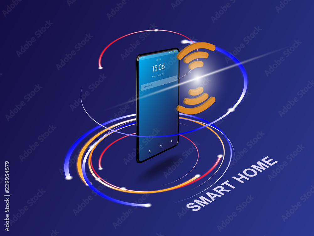 Smartphone with digital logo smart home stand at iot icons. Smart phone ...