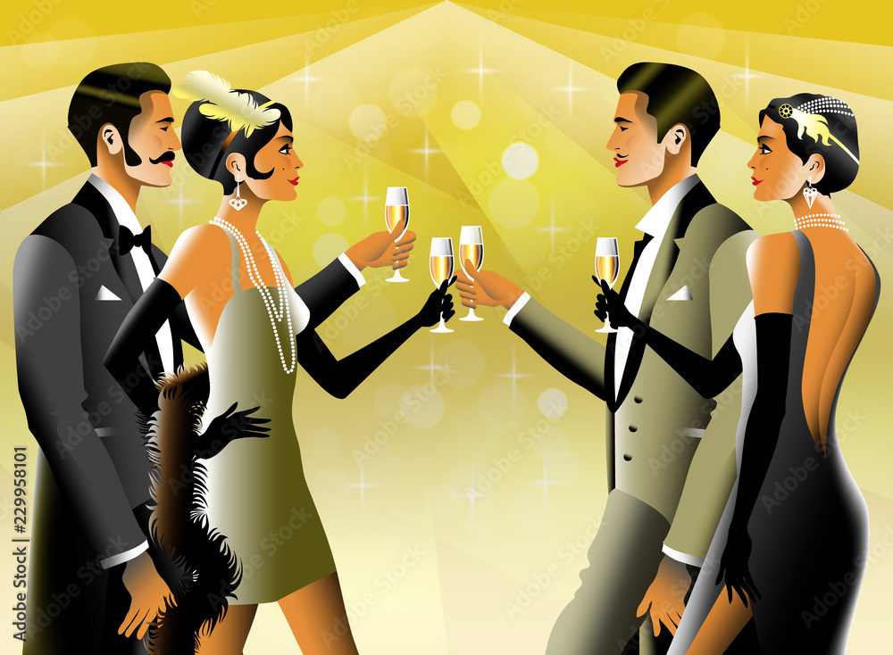 2 Couples at a party in the style of the early 20th century. Retro ...