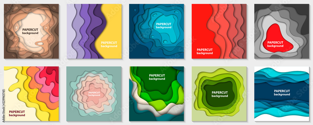 Vector collection of 10 backgrounds with colorful paper cut shapes. 3D ...