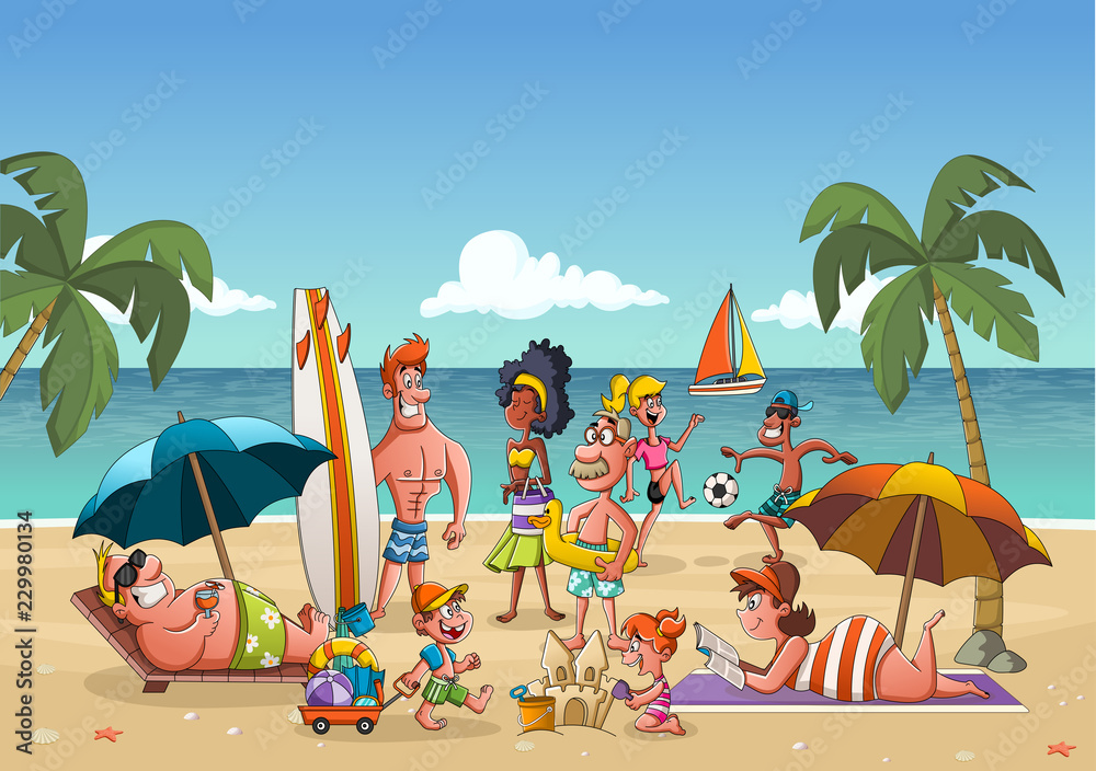 Group of cartoon people on beautiful beach. Stock Vector | Adobe Stock