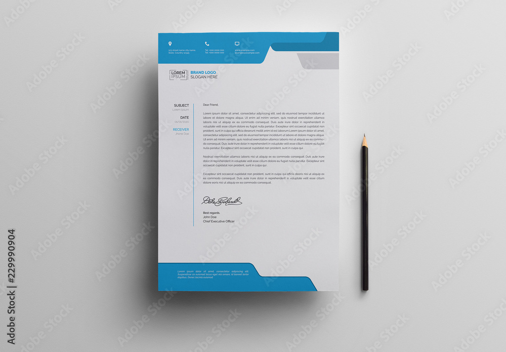 Letterhead Layout with Blue Header and Footer Stock Template | Adobe Stock