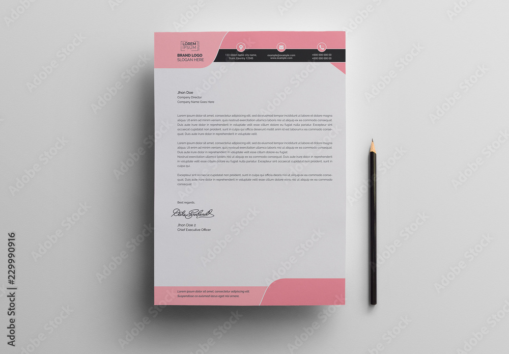 Letterhead Layout with Pink Header and Footer Stock Template | Adobe Stock