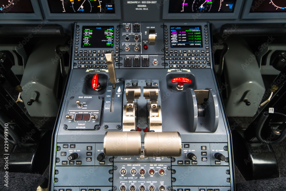 Closeup high detailed view on engine power control and other aircraft ...