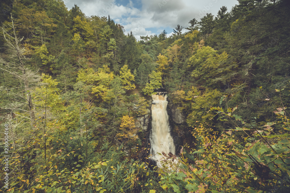 Top view of Main Falls at Bushkill Falls in Poconos, PA, surrounded by ...