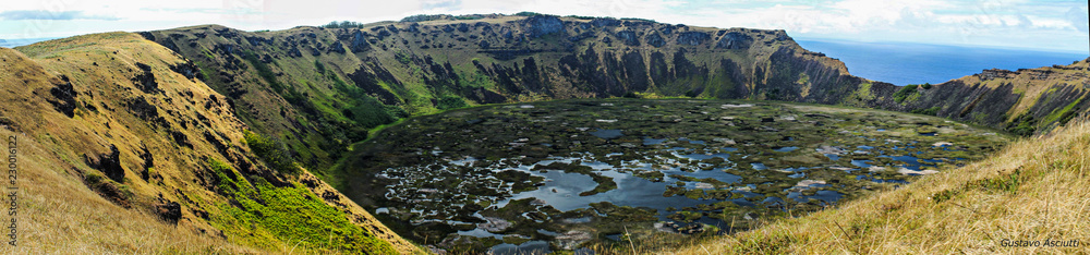 Rano Kau volcan crater Panoramic view of Easter Island, a tourist ...
