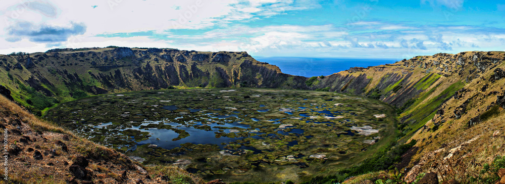 Rano Kau volcan crater Panoramic view of Easter Island, a tourist ...