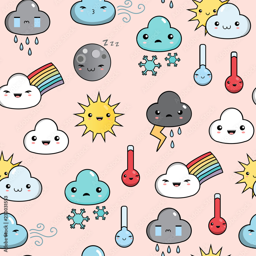 Kawaii weather forecast icons. Colored vector seamless pattern. Pink ...