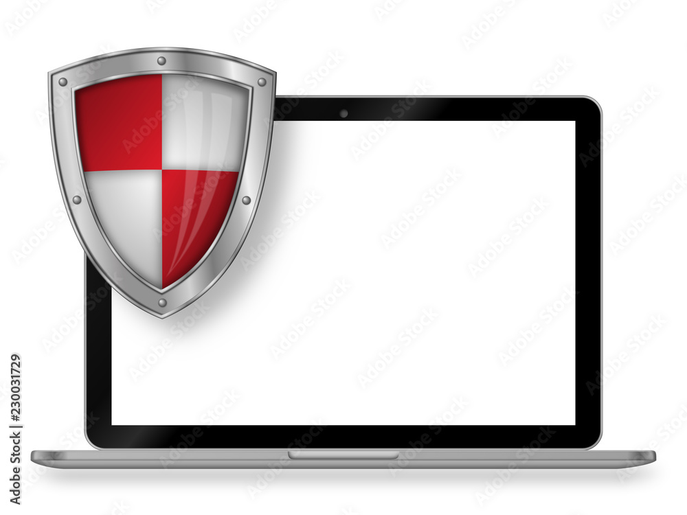 Laptop and shield with white background and empty display. Realistic ...
