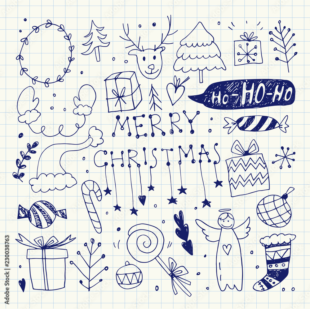 Christmas Doodle Collection. Vector Illustration. Pen Drawing. Hand ...