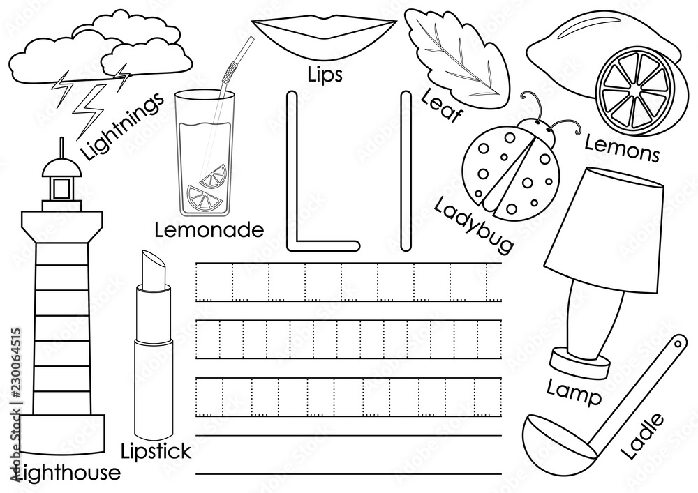 Letter L. Card with pictures and writing practice for preschool ...
