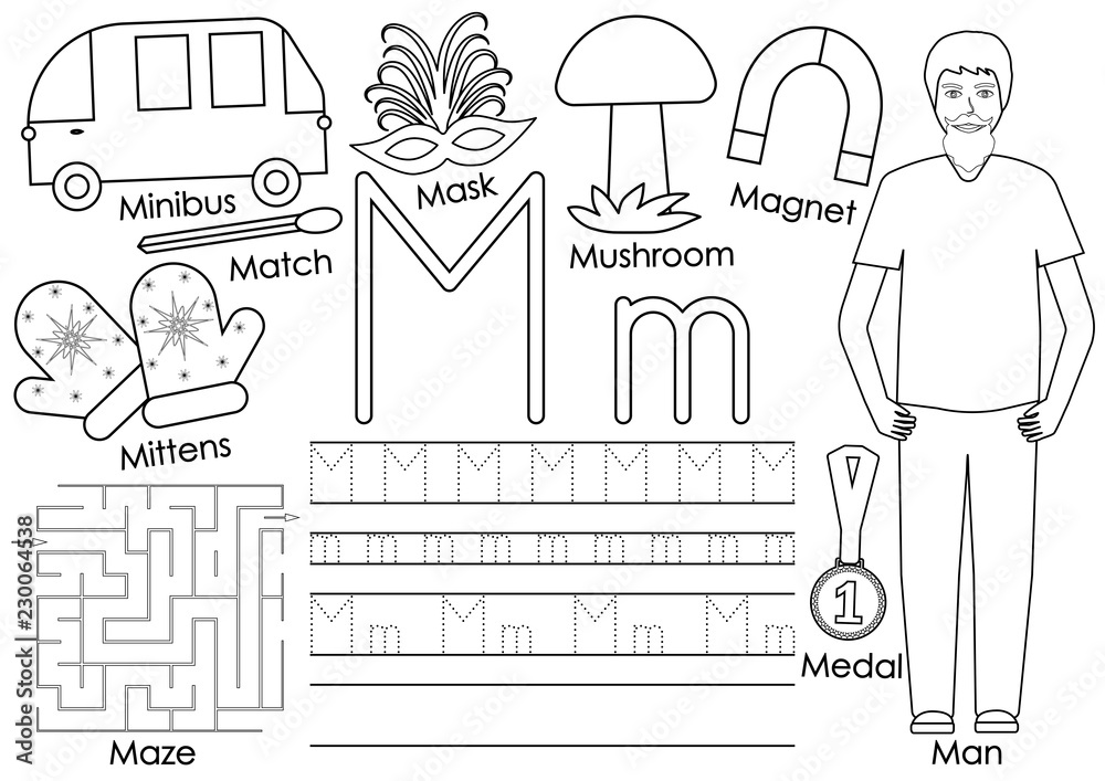 Letter M. Alphabet. English language. Writing practice and coloring ...