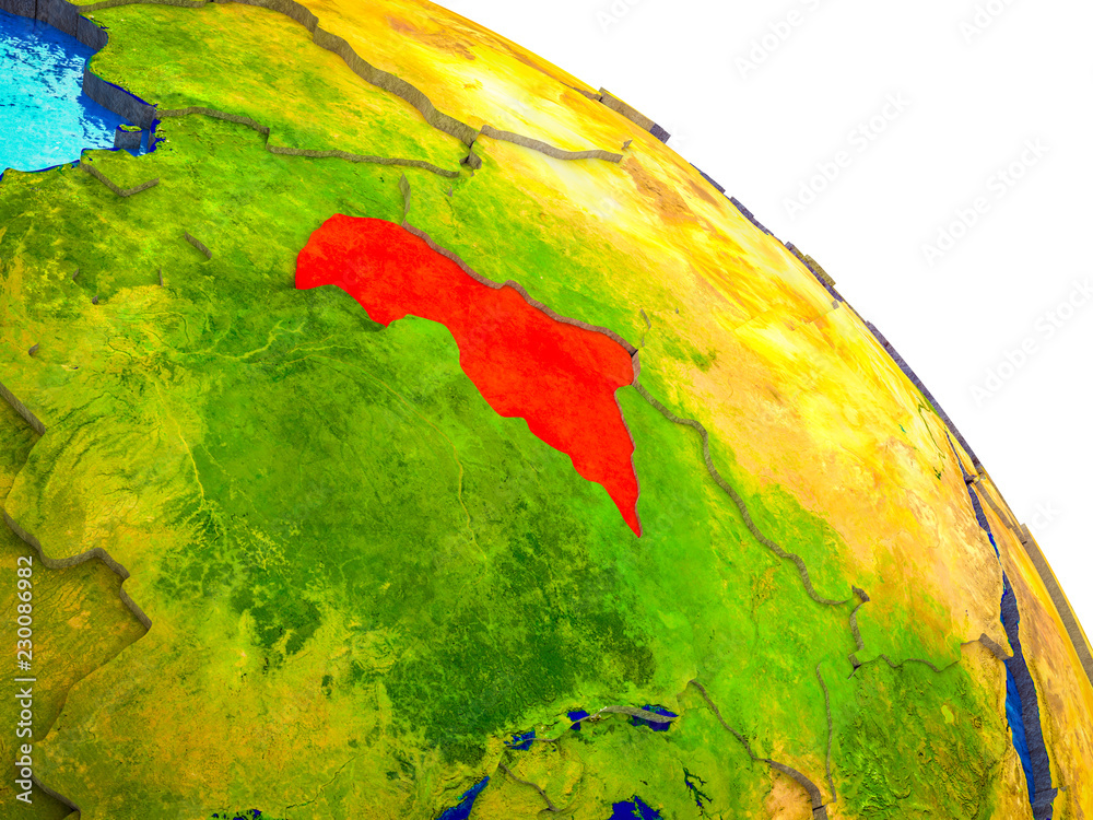 Central Africa Highlighted on 3D Earth model with water and visible ...