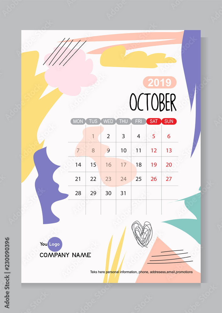 Arctistic monthly calendar template design for new years 2019. Cute pop ...