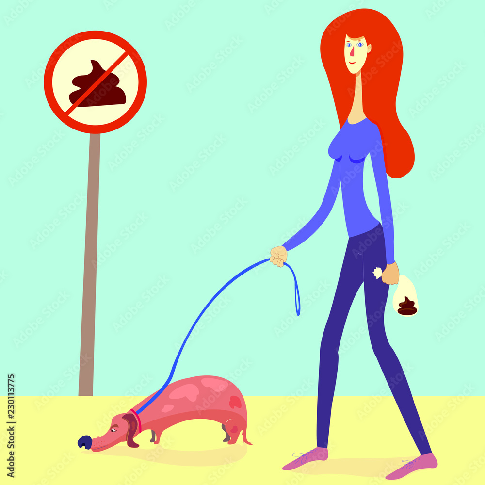 illustration about picking up your dog's poop. Red haired girl picked ...