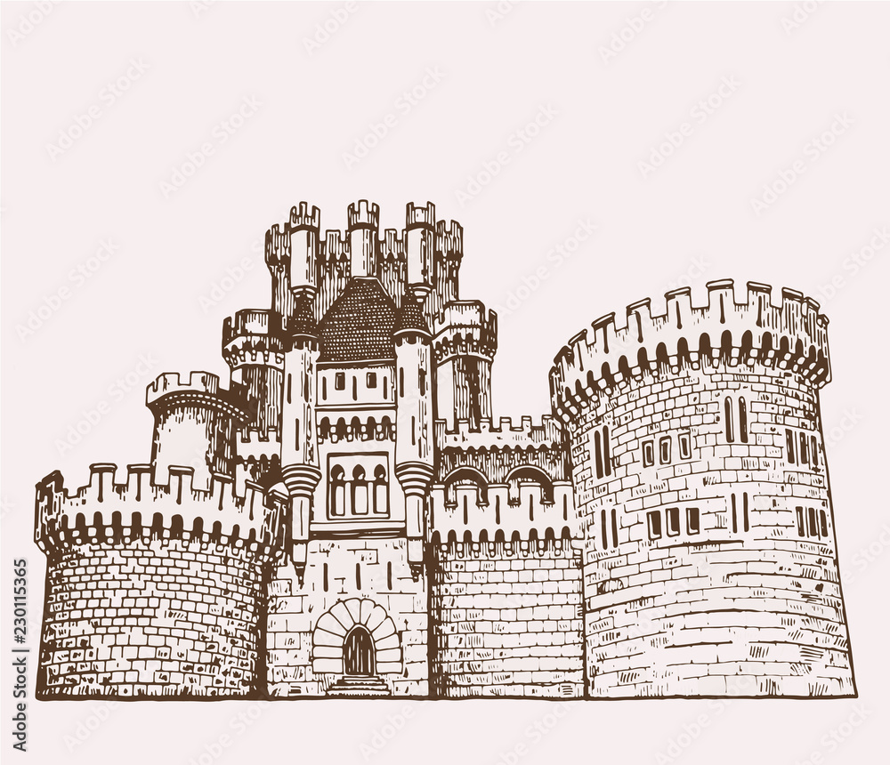 Graphical vintage butron castle ,vector sketch, Spain,Gatika,retro ...