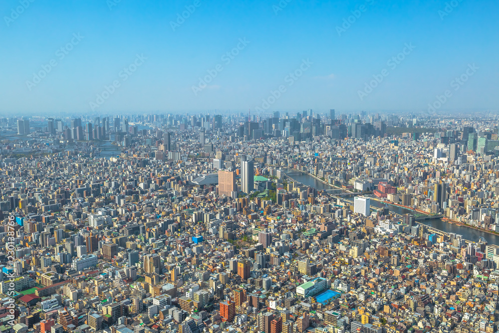 Aerial view of Tokyo city skyline with Asahi Beer Hall, Asahi Flame o ...