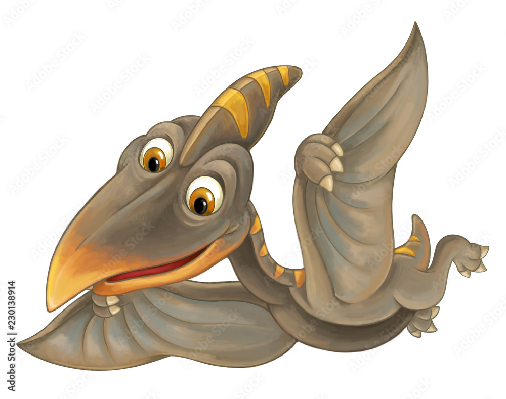cartoon scene with flying dinosaur - pterodactyl on white background ...