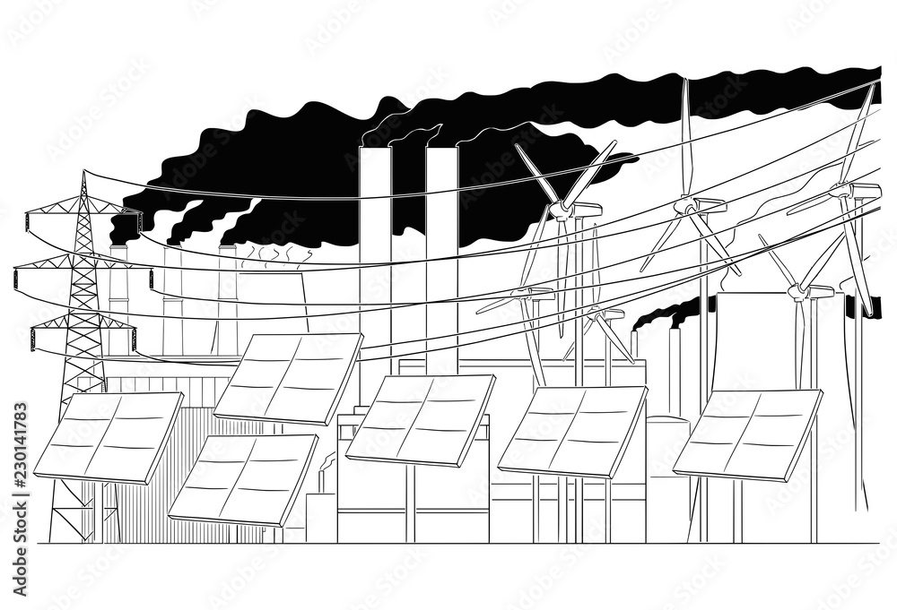Cartoon drawing conceptual illustration of electrical grid ...