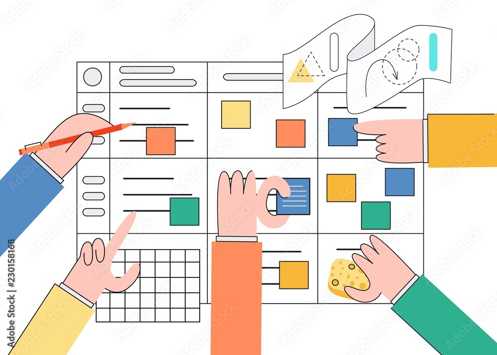 Vector illustration of scrum planning technique of teamwork on software ...