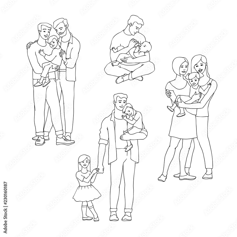 Gay family vector illustration set with happy men and women with their ...