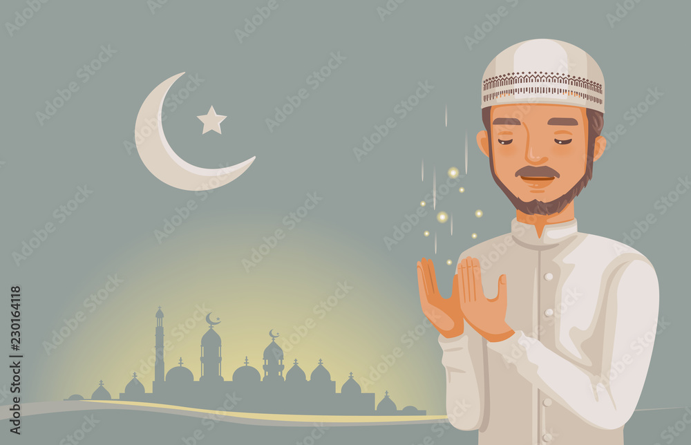 muslim man praying with blue sky, moon and stars. mosque in shadow ...