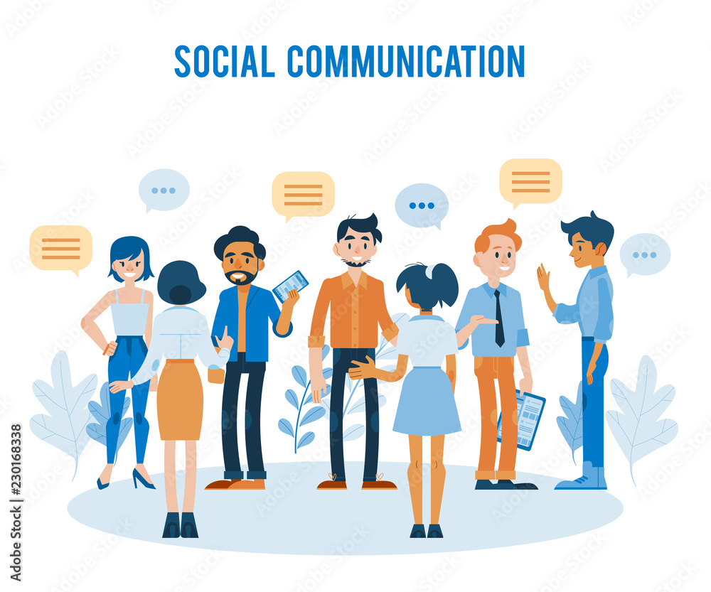 Vector social communication concept with young men, women colleagues ...