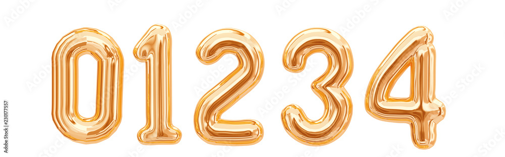 Gold foil numbers, 1, 2, 3, 4, 0 isolated on white background. 3d ...