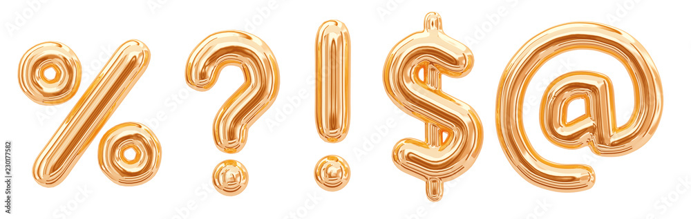 Gold foil alphabet symbols question mark, percentage sign, email at ...