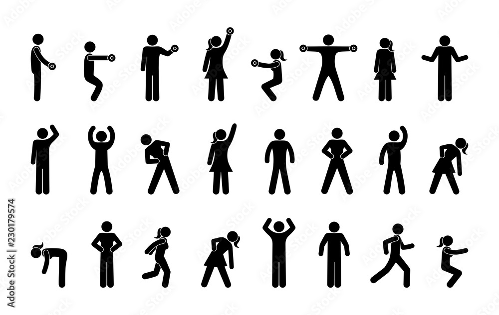 icons of people involved in fitness, gymnasium pictogram, isolated ...