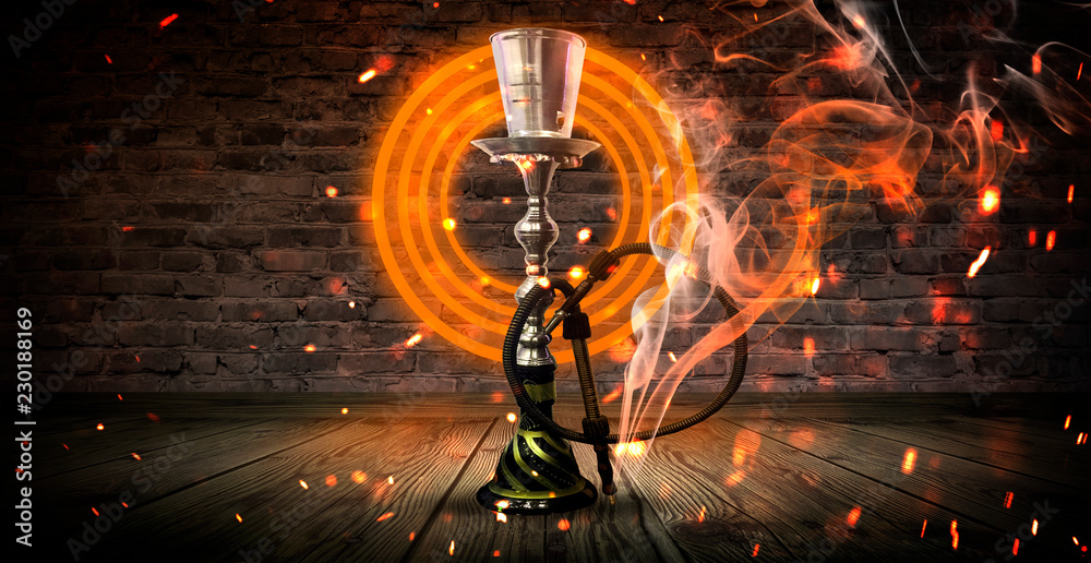 Hookah on the background with smoke, neon light, rays, sparks Stock ...