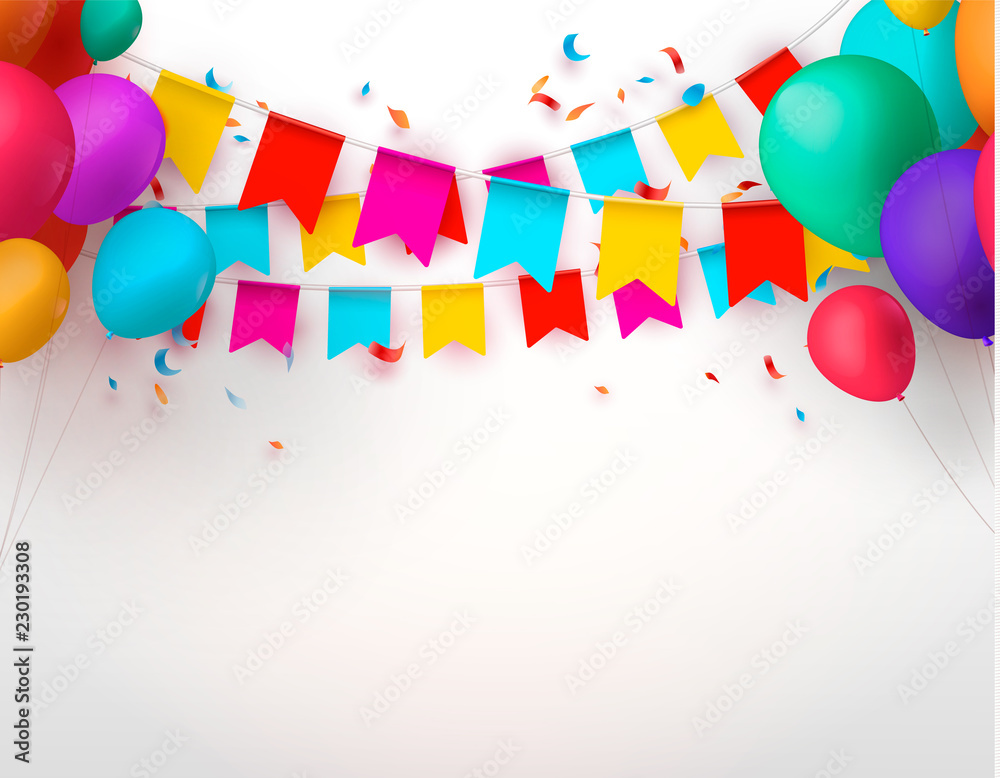 Celebrate banner. Party flags with confetti and balloons. Vector ...